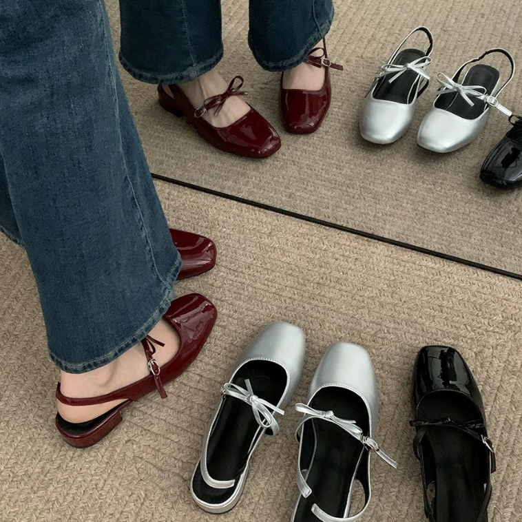 ONEW French flat heel round toe bow women's shallow mouth Mary Jane ...