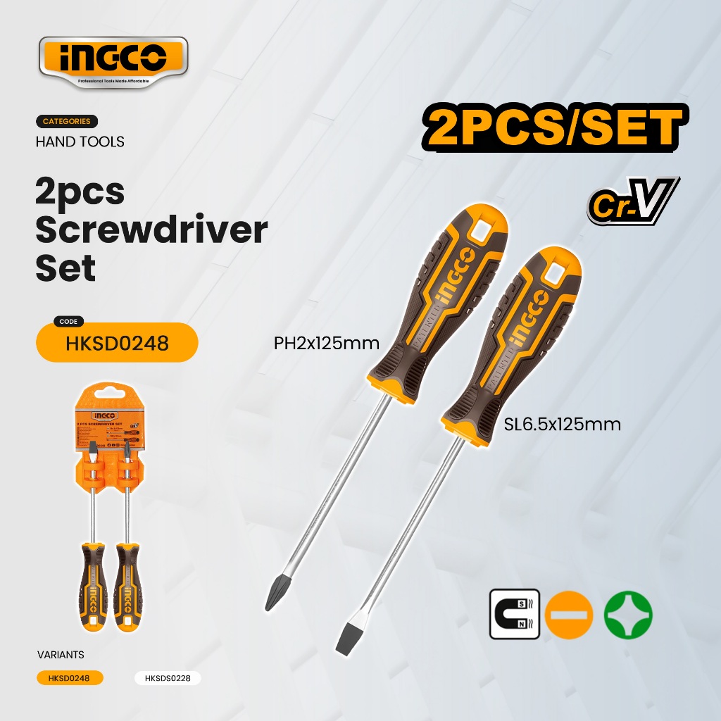 INGCO 2pcs Screwdriver Set Flat and Phillip Screwdriver with Magnetic ...