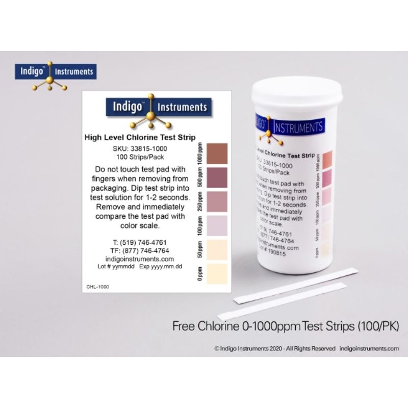 Chlorine Test Strips 0 to 1000ppm for Food Safety 100 strips per vial ...