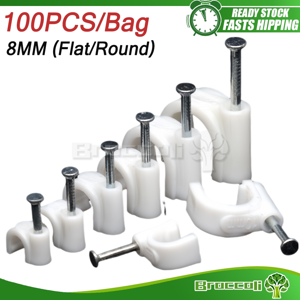 100PCS/Bag 8mm Round Steel Nail Cable Clamps For Ethernet LAN Cable Wall Nail Holder (Flat/Round ...