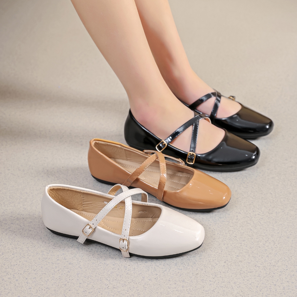 Glossy Leather Cross Straps Doll Shoes for Women 7735 | Shopee Philippines