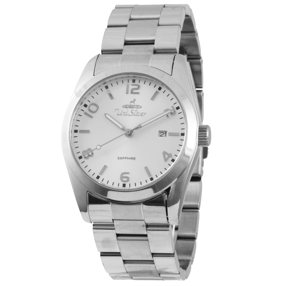 UniSilver TIME Men's Silver Sapphire with Date Analog Stainless steel ...
