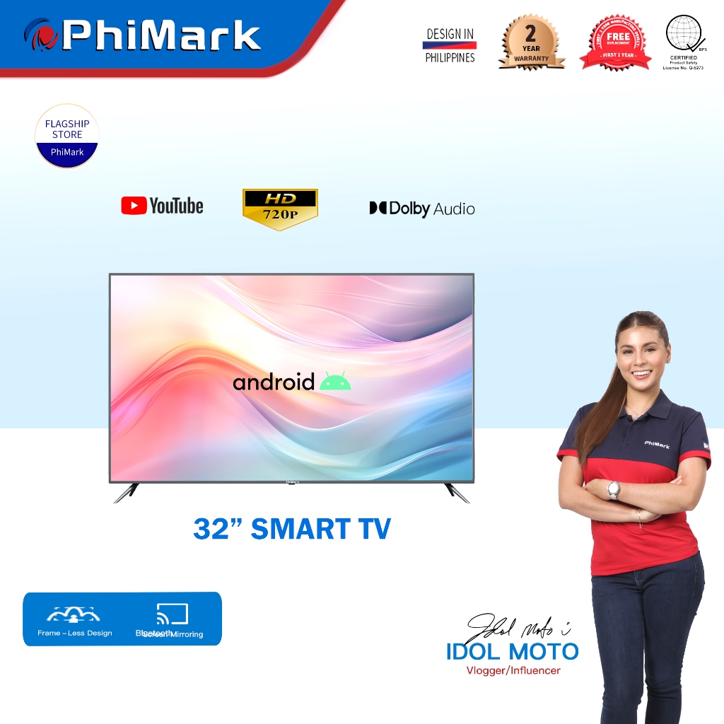 PhiMark 32" HD Frameless Android 11 Smart LED TV （1GB+8GB),ISDB-T Reciever,WIFI,MIRROR CAST ...