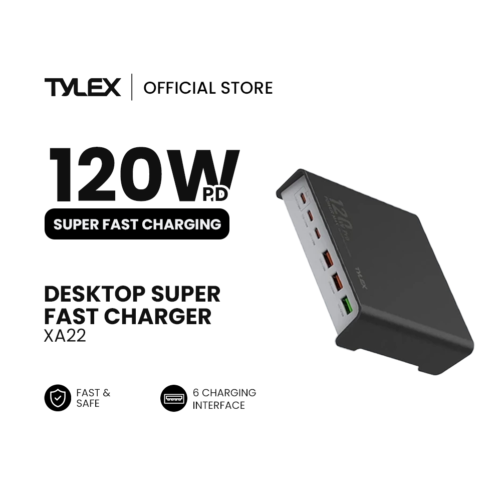 TYLEX XA22 PD 120W Super Fast Charger 3 USB-C + 3 USB-A Ports Adapter ...