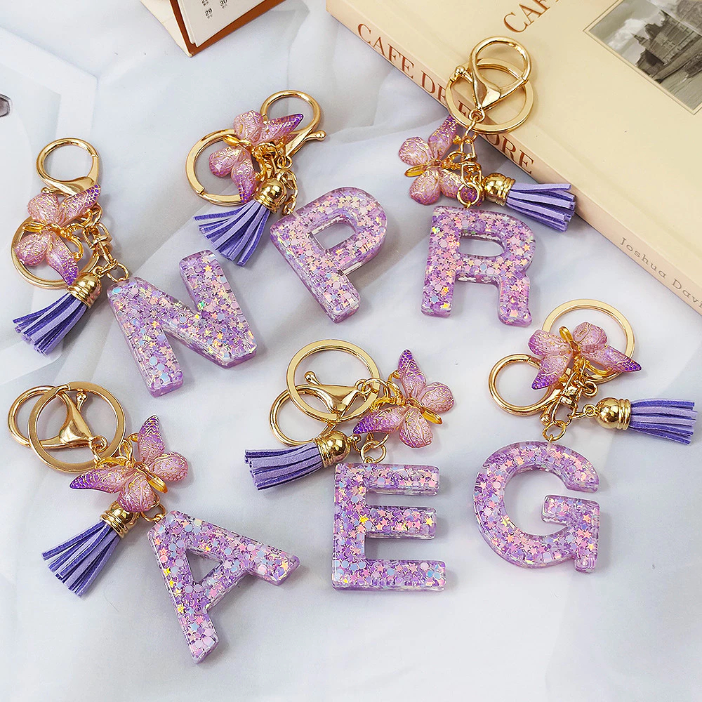 Glitter Purple Sequin Filled A-Z Letter Keychains Fashion Butterfly ...