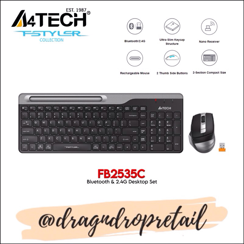 A4tech Fstyler Fb2535c Bluetooth And 2 4g Wireless Compact Desktop Set Keyboard And Mouse Combo