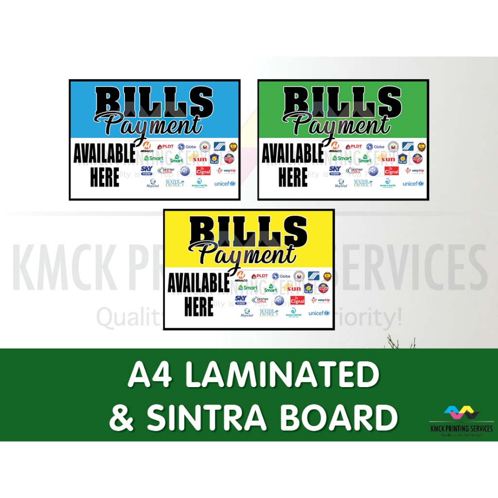 Bills Payment Available Here Signages Laminated | Sintra Board | Shopee ...