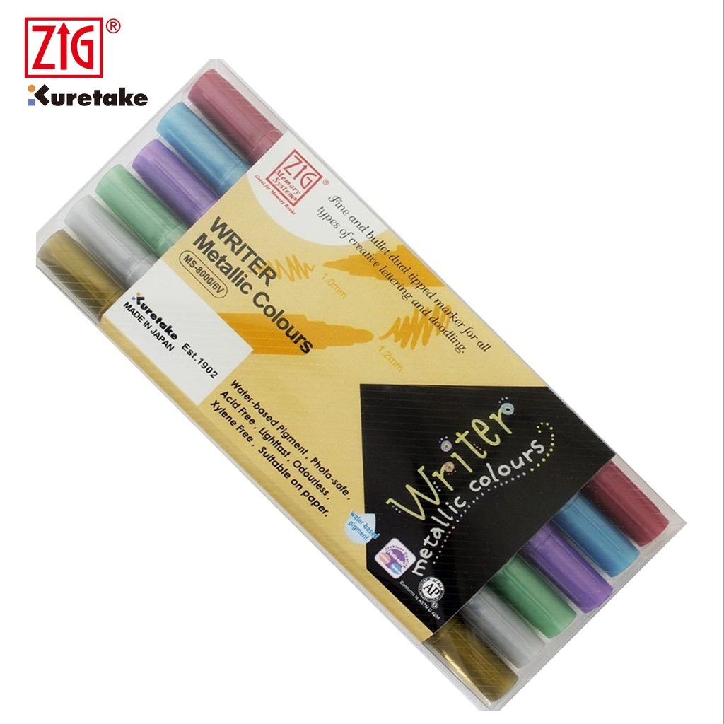 *LAST STOCK* KURETAKE ZIG WRITER METALLIC MARKERS - TWIN-TIP (1.0 mm/1.2 mm), set of 6 (MS-8000 ...