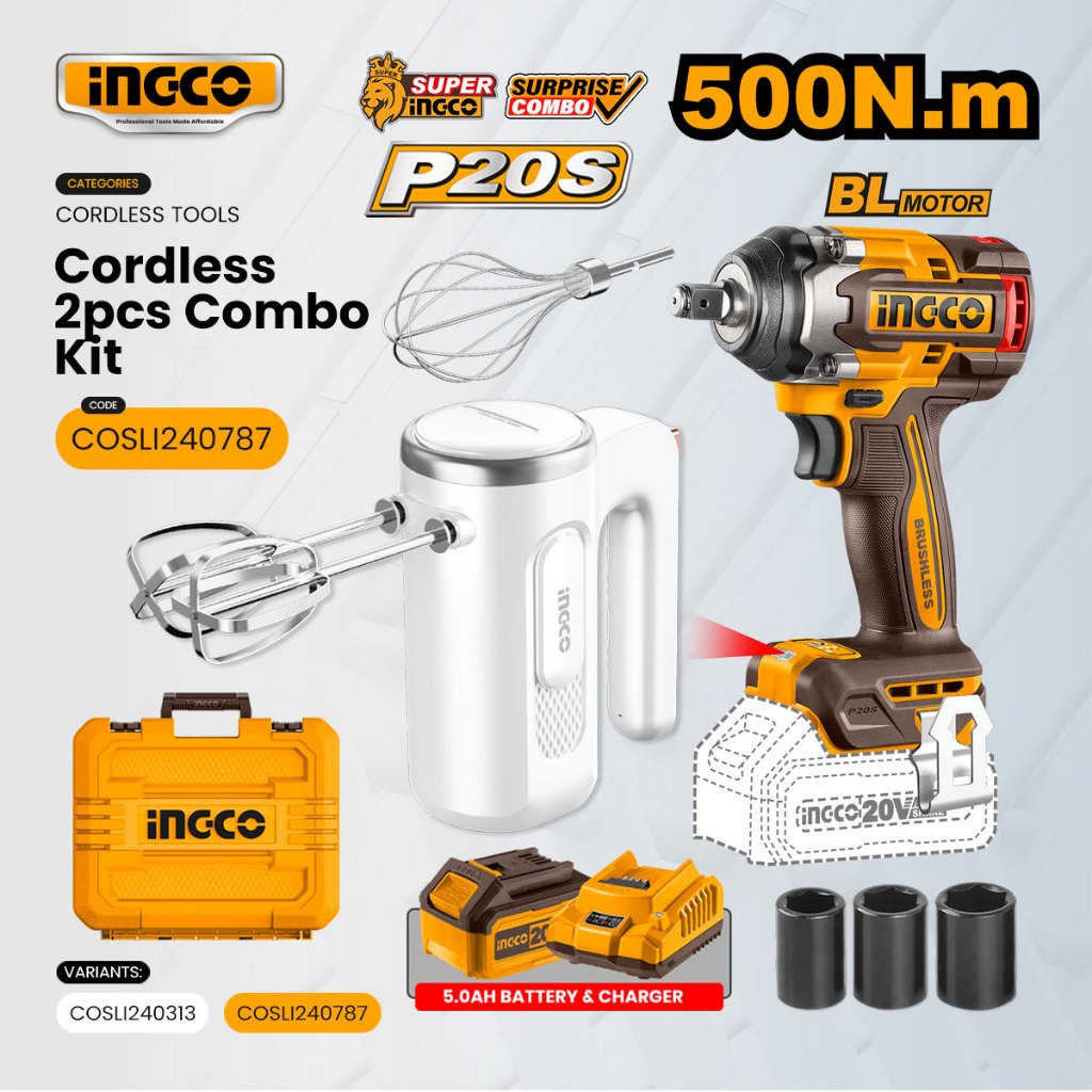 Ingco 2pcs Cordless Combo Kit 500Nm Brushless Impact Wrench & 60W Hand ...