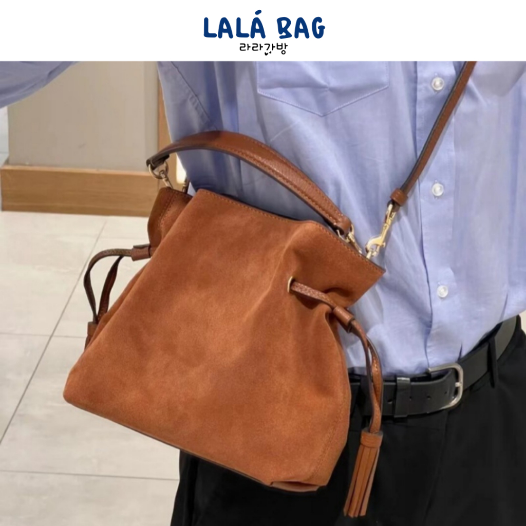 LALÁ BAG Small Soft Suede Drawstring Top Handle Bucket Bag with ...