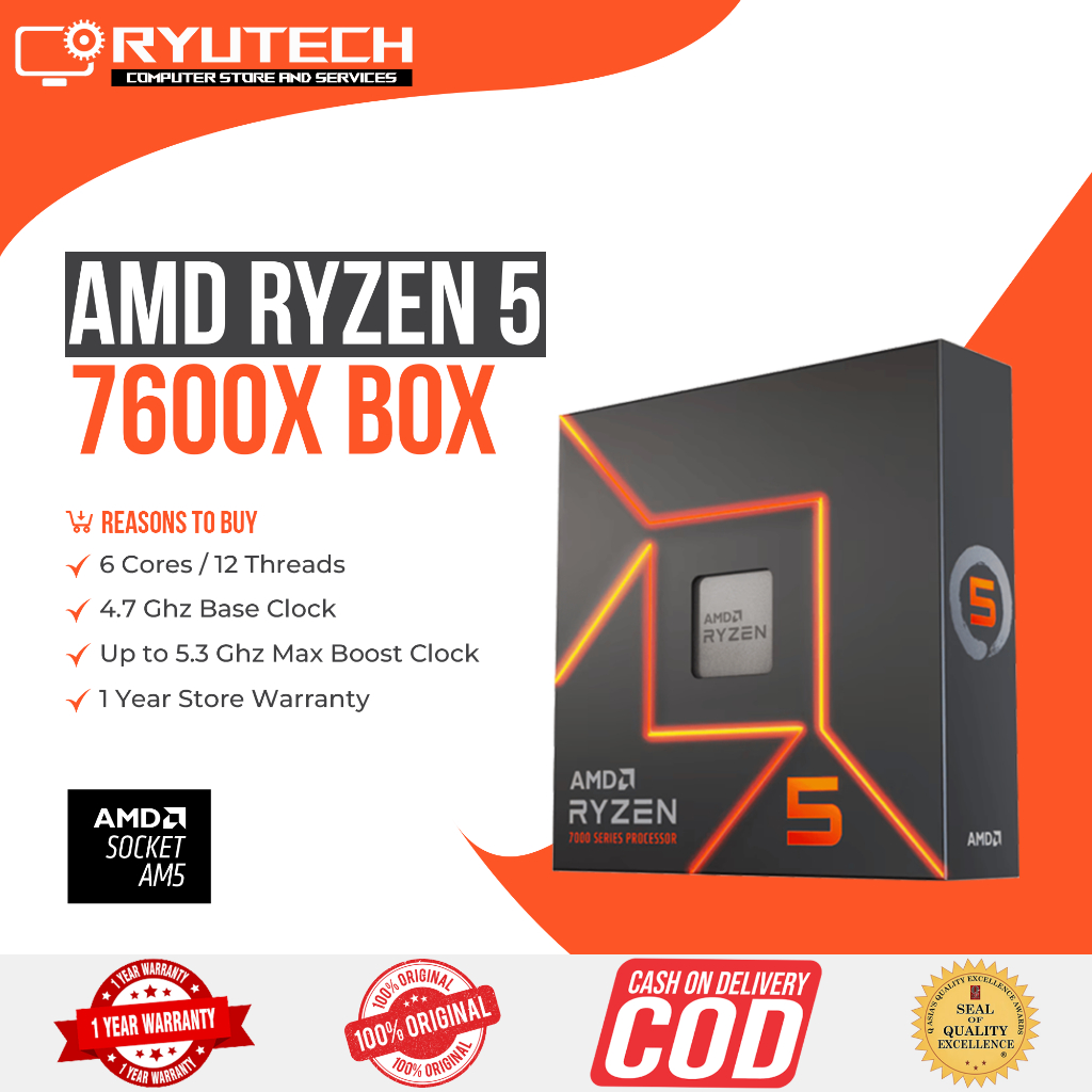 AMD RYZEN 5 7600X BOX 6 Cores / 12 Threads 4.7 Ghz Base Clock Up to 5.3 ...