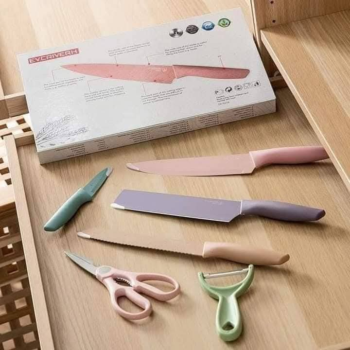 Kitchen Knife Set 6 PCS Pastel Colors Stainless Steel Chef Knife Bread ...