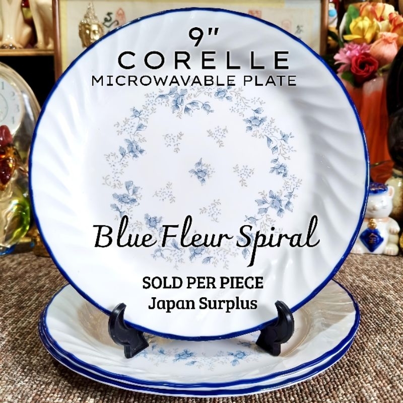 9" CORELLE BLUE FLEUR SWIRL MICROWAVABLE PLATE • Japan Surplus • Sold ...