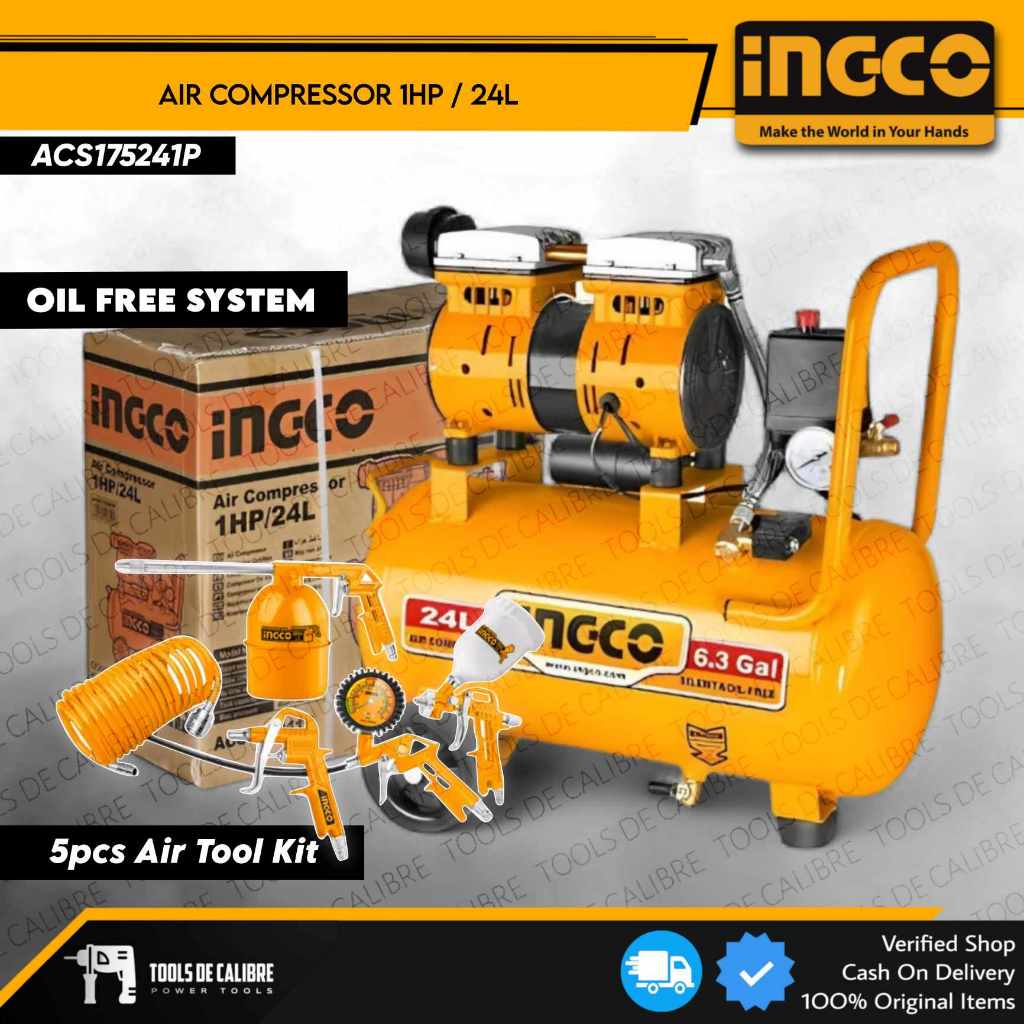 INGCO Air Compressor ACS175241P 1.0HP/24L with Ingco Air Tools 5Pcs Set ...