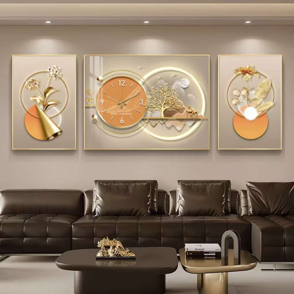 Exquisite Triptych Clock Mural Wall Decor Painting with Gold Aluminum ...