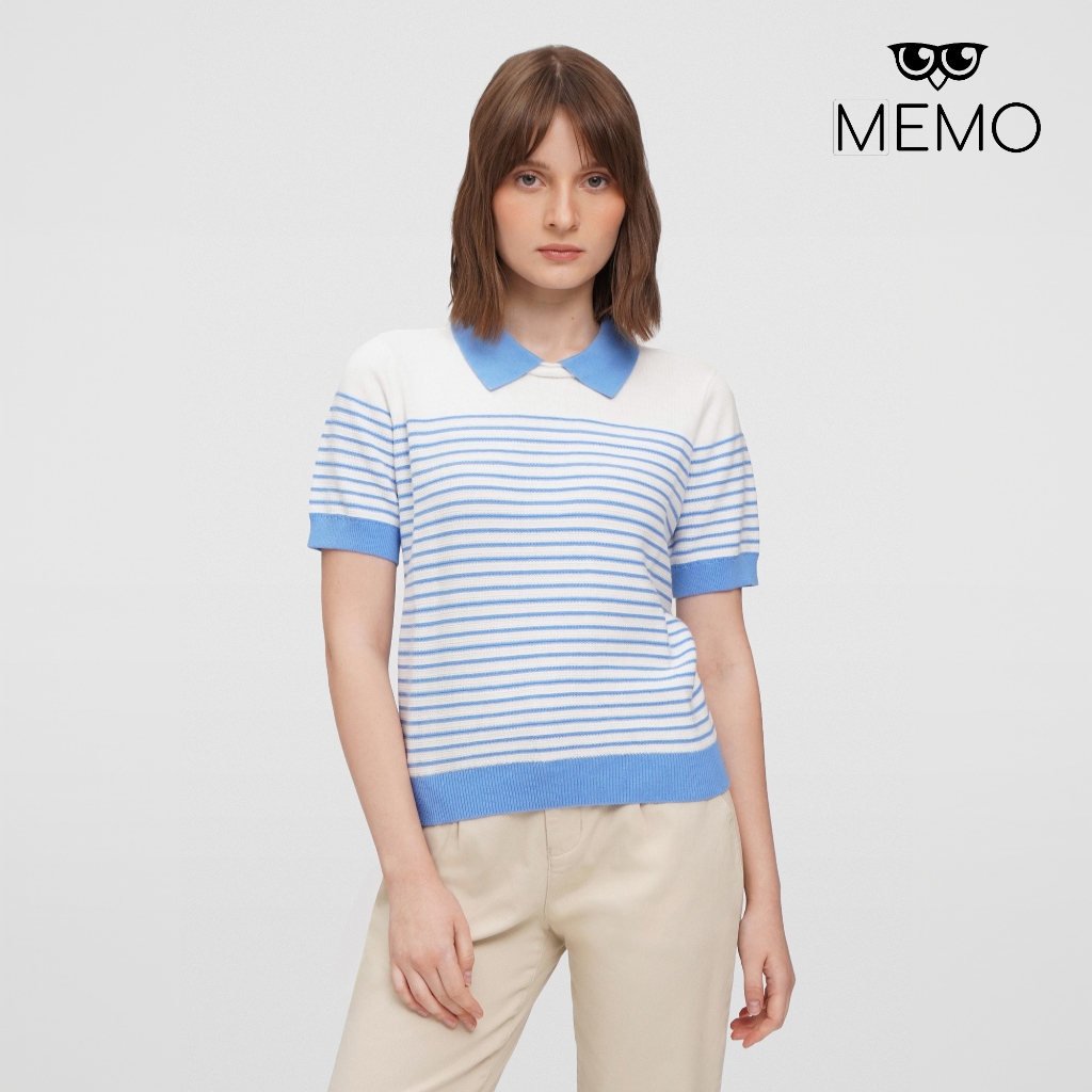Memo Striped Polo For Women (Blue/Sage Green) | Shopee Philippines