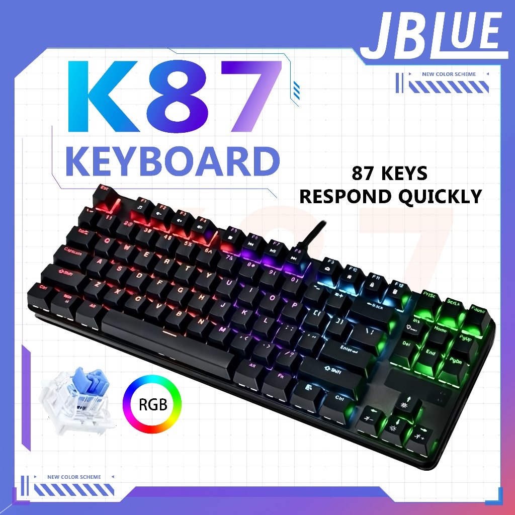 JBLUE K87 Wirde Keyboard 87Keys USB Mechanical Keyboards Responsive Typing & GamingWith RGB ...