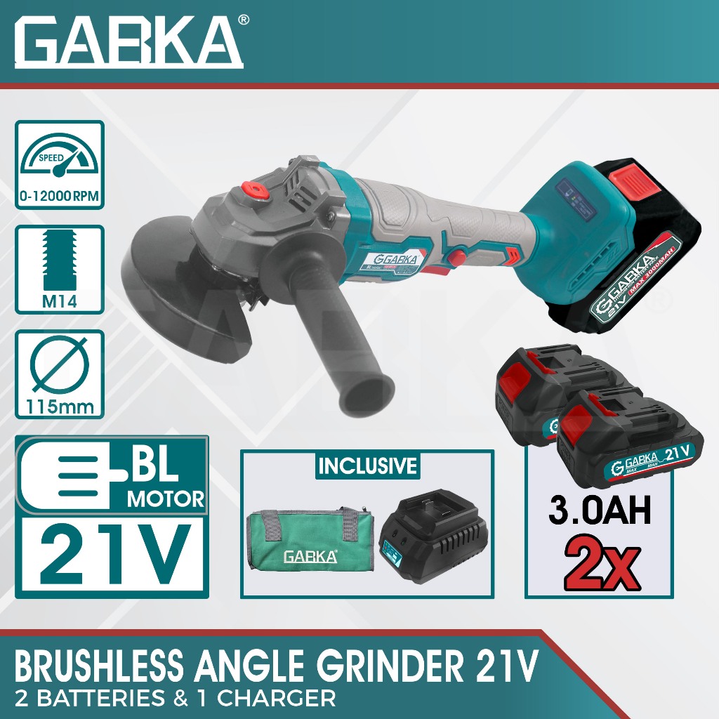 GABKA Brushless Angle Grinder 21V (2 Batteries 1 Charger) Cordless Set ...