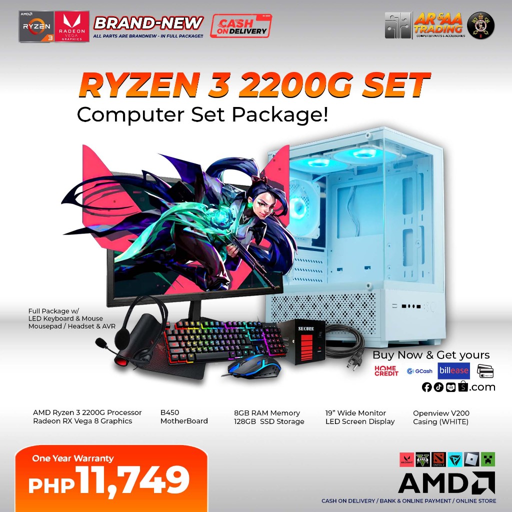 BRANDNEW COMPUTER SET PACKAGE V100/200 WHITE GAMING CASE AMD RYZEN 3 ...