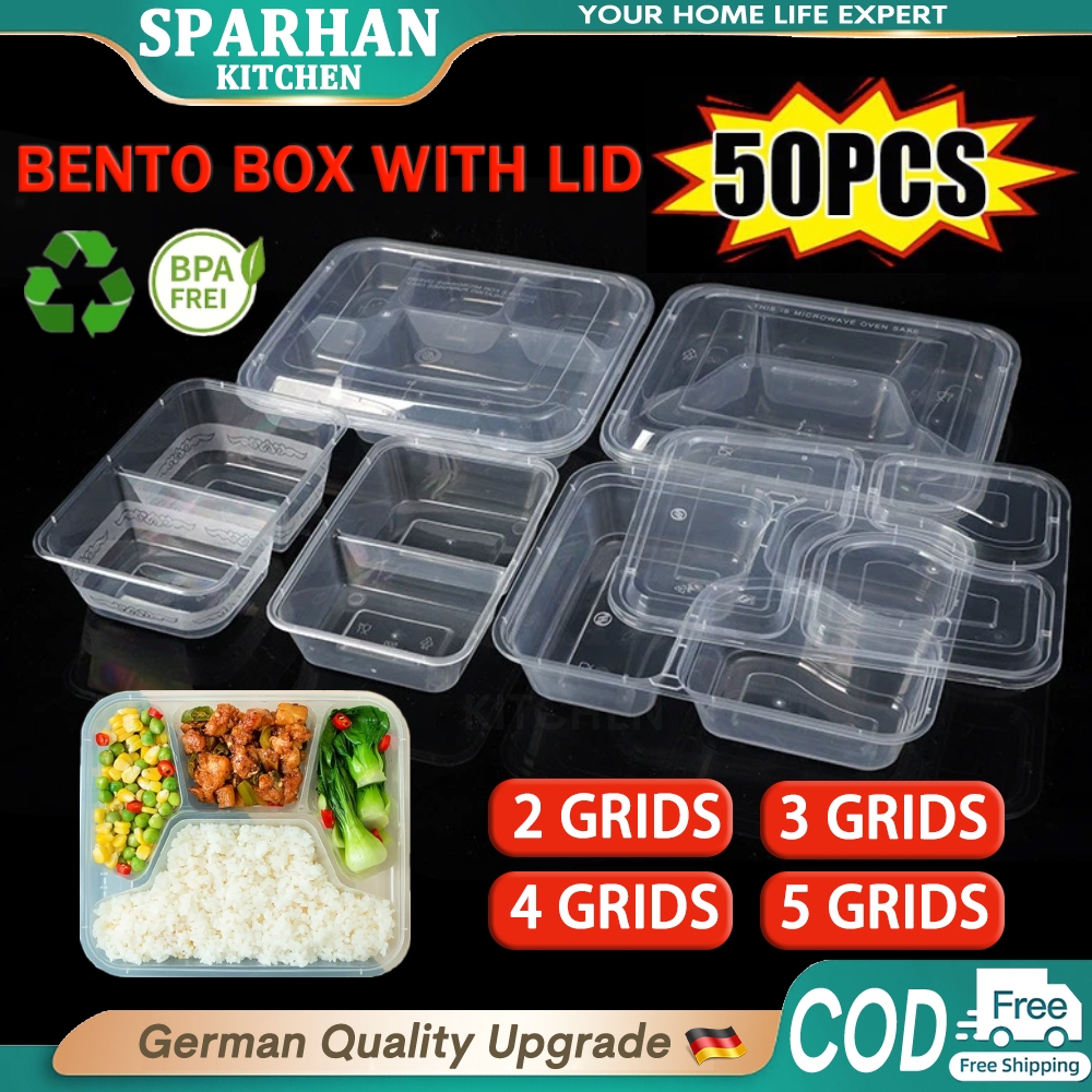 【50PCS】Disposable Bento Box With Lid Microwavable Clear Plastic Food ...