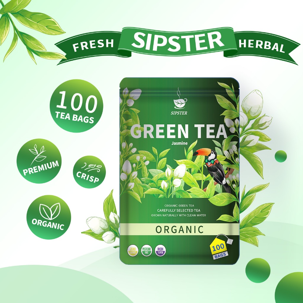 Sipster Green Tea Jasmine-Flavored Organic -100 Tea Bags | Organic Herbal Tea From Single Origin ...