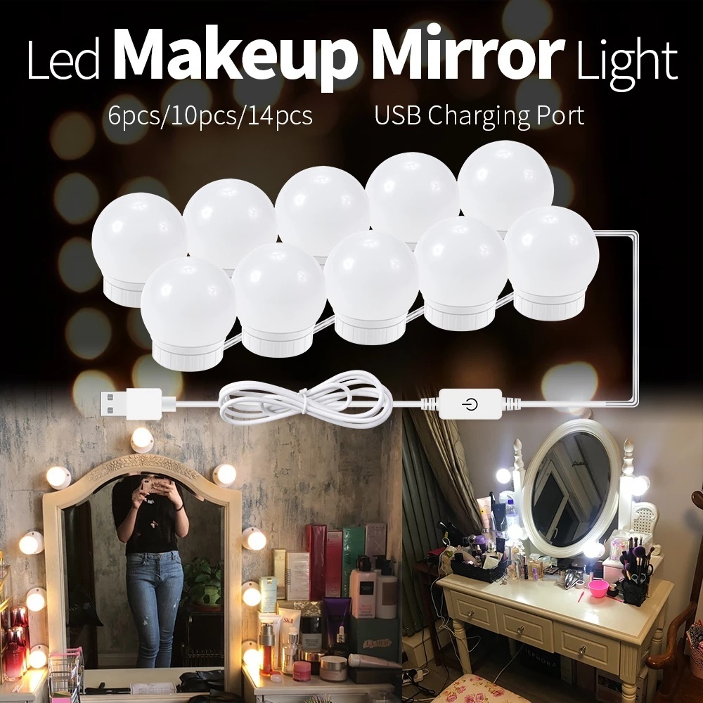 Makeup Mirror LED Light Bulbs Vanity Light USB Bathroom Dressing Table ...