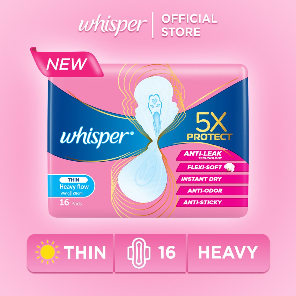 Whisper 5x Protect Thin Heavy Wing Sanitary Pads 28cm 16 pads | Shopee ...