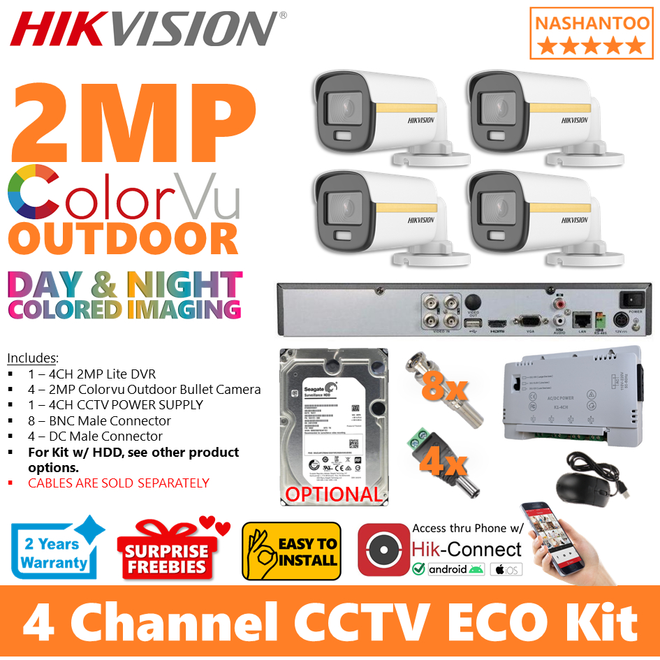 Hikvision 4Channel 2MP Colorvu 4Camera Outdoor 4CH DIY CCTV Package Kit 4/4CRV2 ECO-HKPS(4B ...
