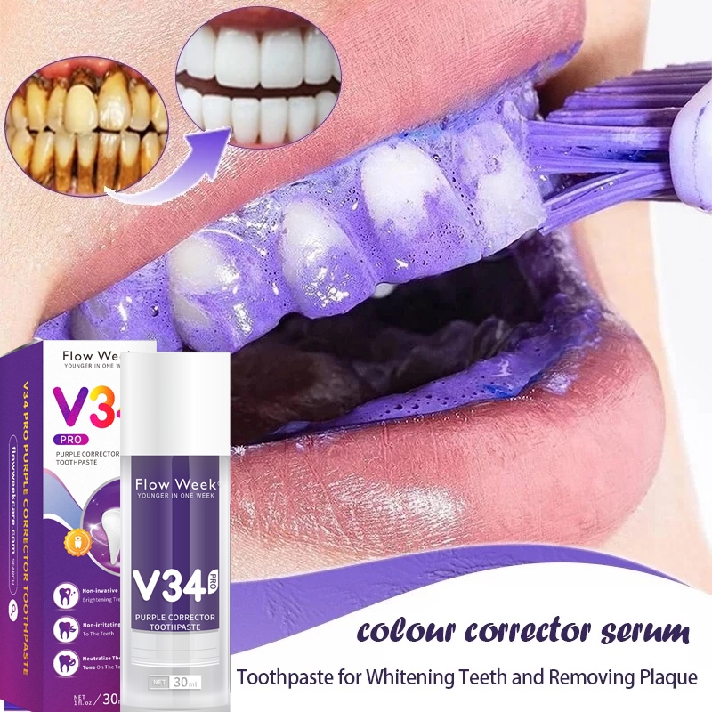 Flowweek V34 Pro Whitening Toothpas Teteeth pampaputi ng ngipin Purple, Color-Corrects Yellow ...