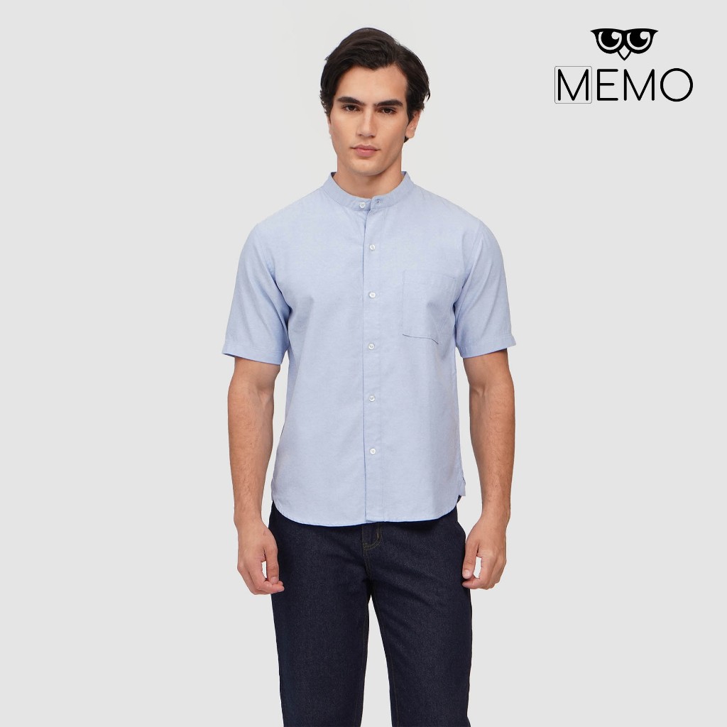 Memo Oxford Band Collar Shirt For Men (Blue) | Shopee Philippines