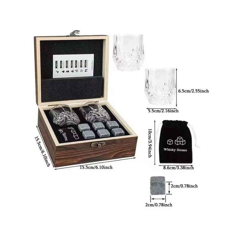 Whiskey Stones Ice Cube Gift Set w/ Wooden Gift Box and Tools for ...