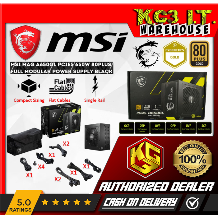 MSI Mag 650W / A650GL PCIE5 80+ Gold Full Modular Power Supply PSU ...