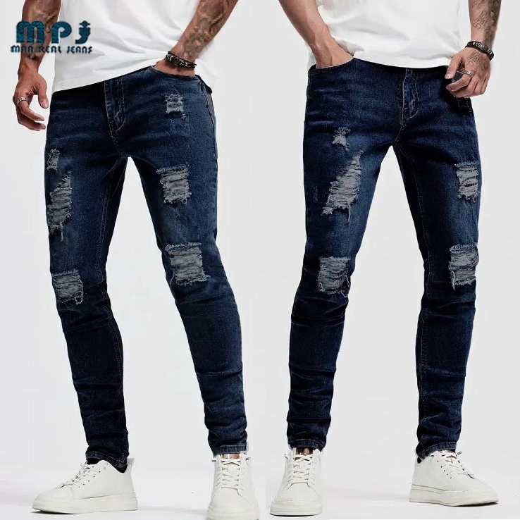 Man Light Blue Jeans Tattered Knee Cut Design Pants Jeans Skinny Pants ...