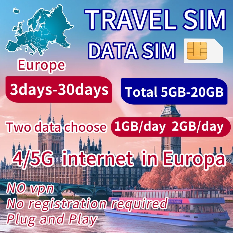 Europa travel SIM(3-30days unlimited total data) daily data 5-30GB 4G/5G network SIM card data ...