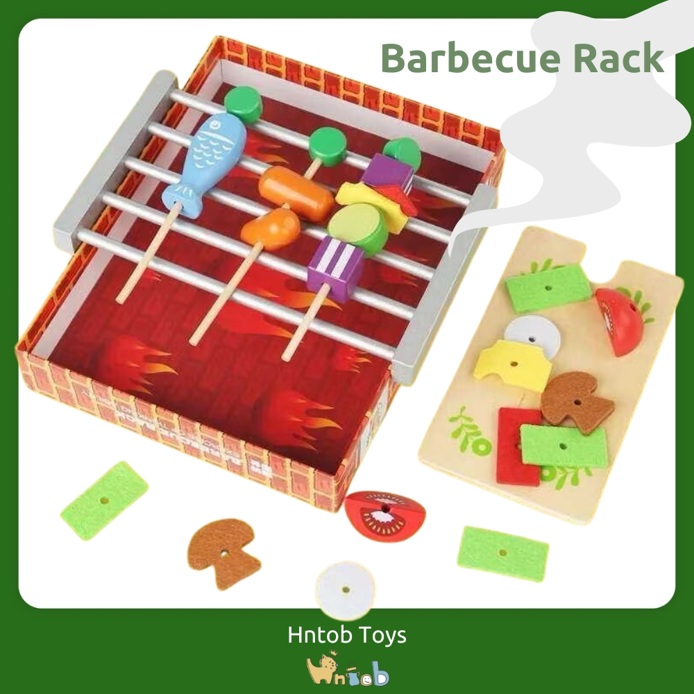 Hntob Wooden BBQ Grill Playset Barbecue Rack Food Grilling Tools Toy ...