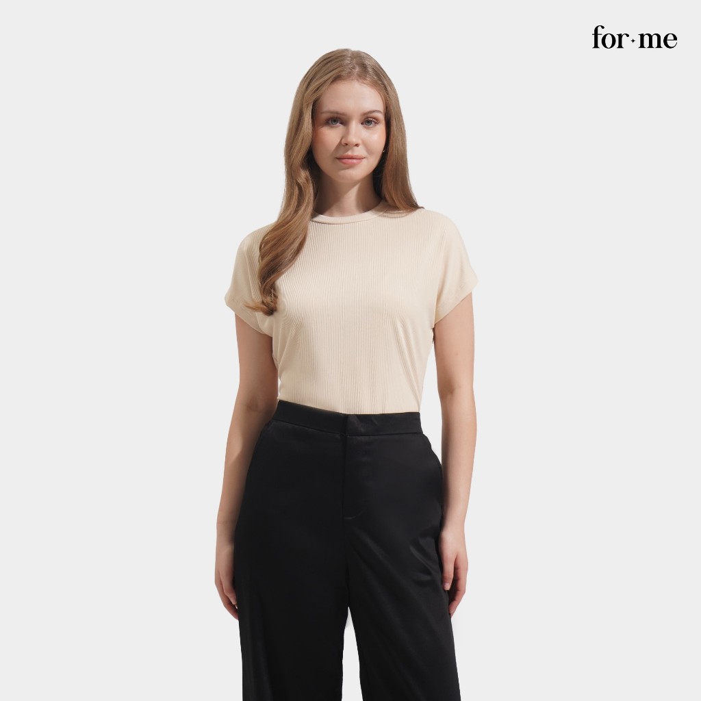 ForMe Ribbed Extended Sleeves Tee T-Shirt For Women (Cream/Light Blue ...