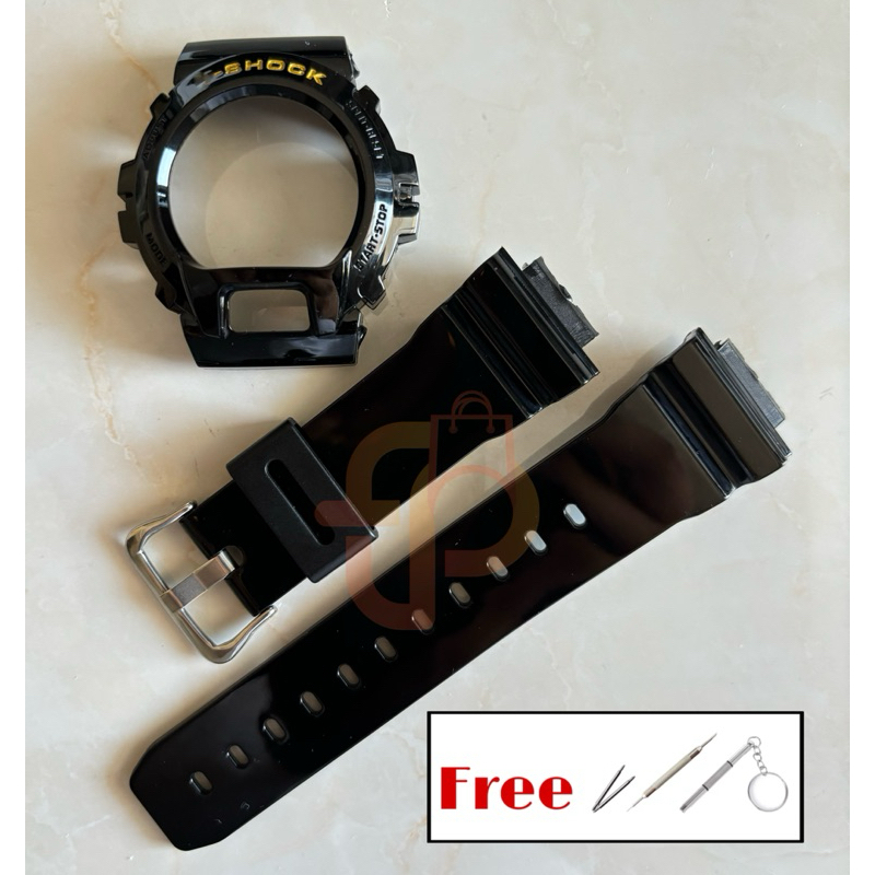Replacement Strap & Bezel Glossy Black Gold for Gsh0ck DW6900 DW-69000 ...
