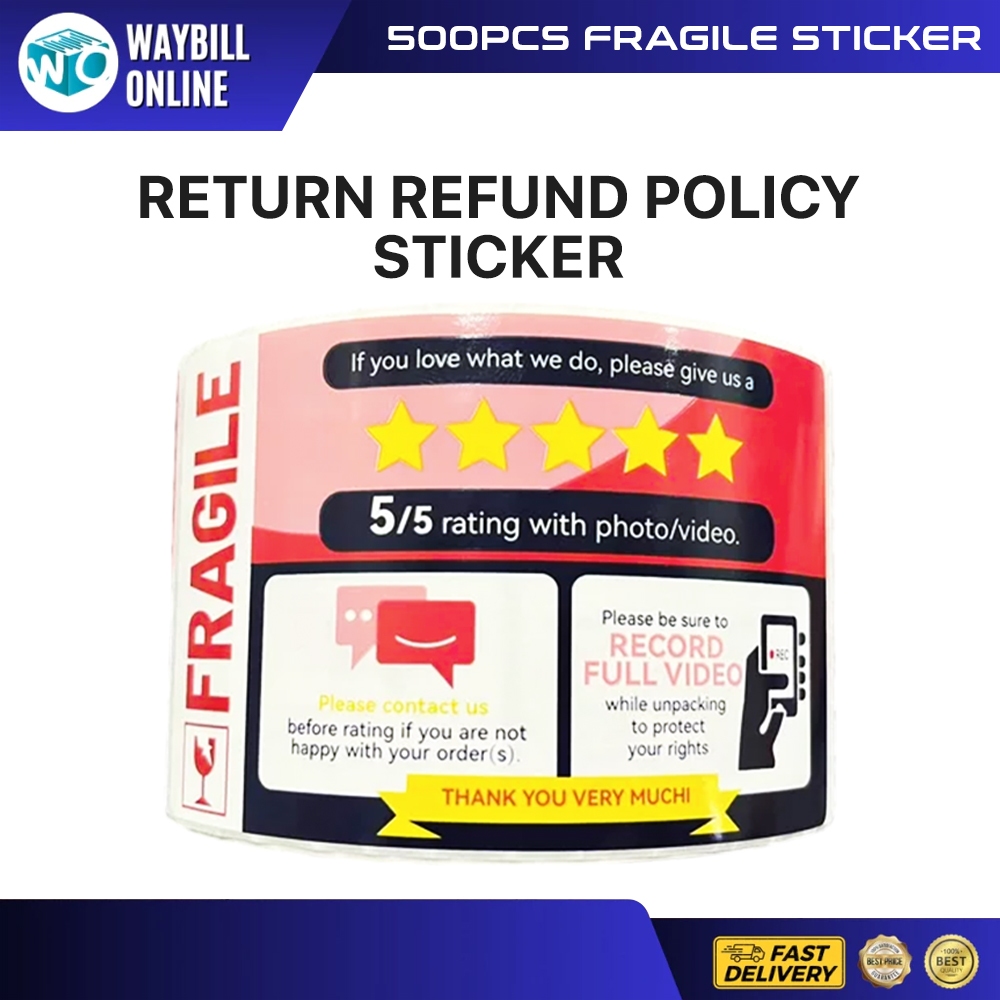 NEW! 500pcs Fragile Return Refund Policy Sticker 5-STAR RATING No Video ...