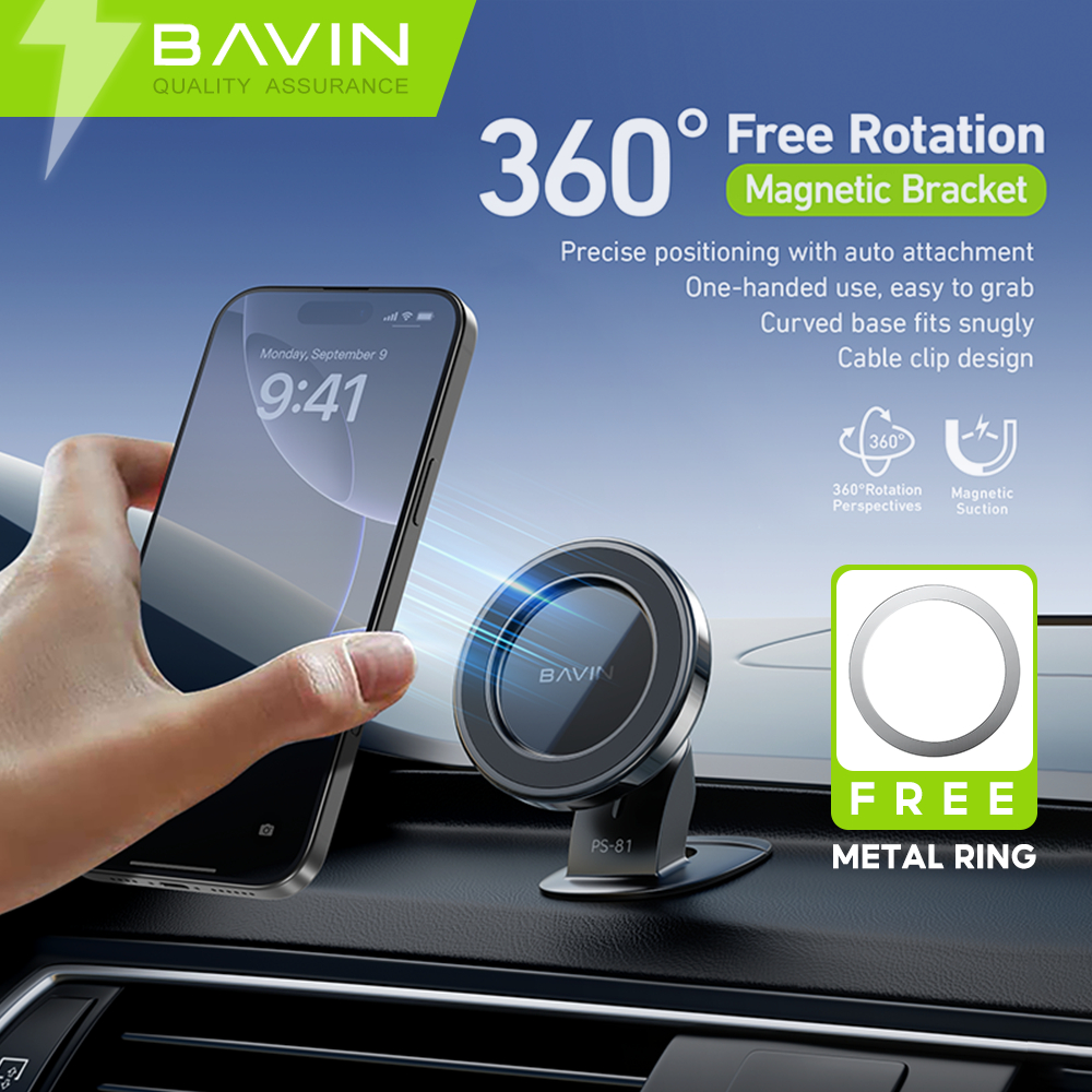 BAVIN PS81 Universal Magnetic Car Phone Holder Bracket 360° Rotation Mount w/ Free Magnetic Ring ...
