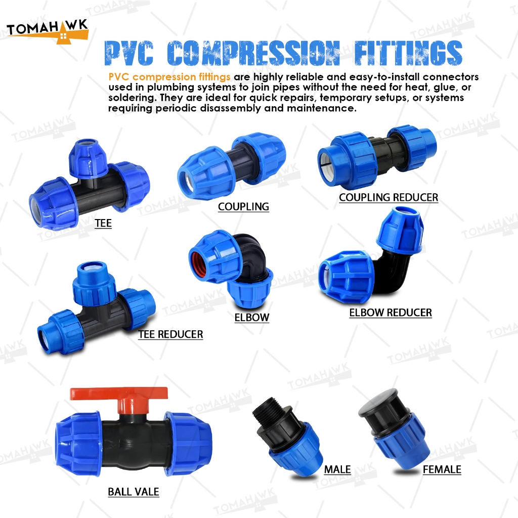 TOMAHAWK SOLD PER (1PC) PE COMPRESSION FITTINGS 1/2, 3/4 , 1" ELBOW, TEE, COUPLING, MALE, FEMALE ...