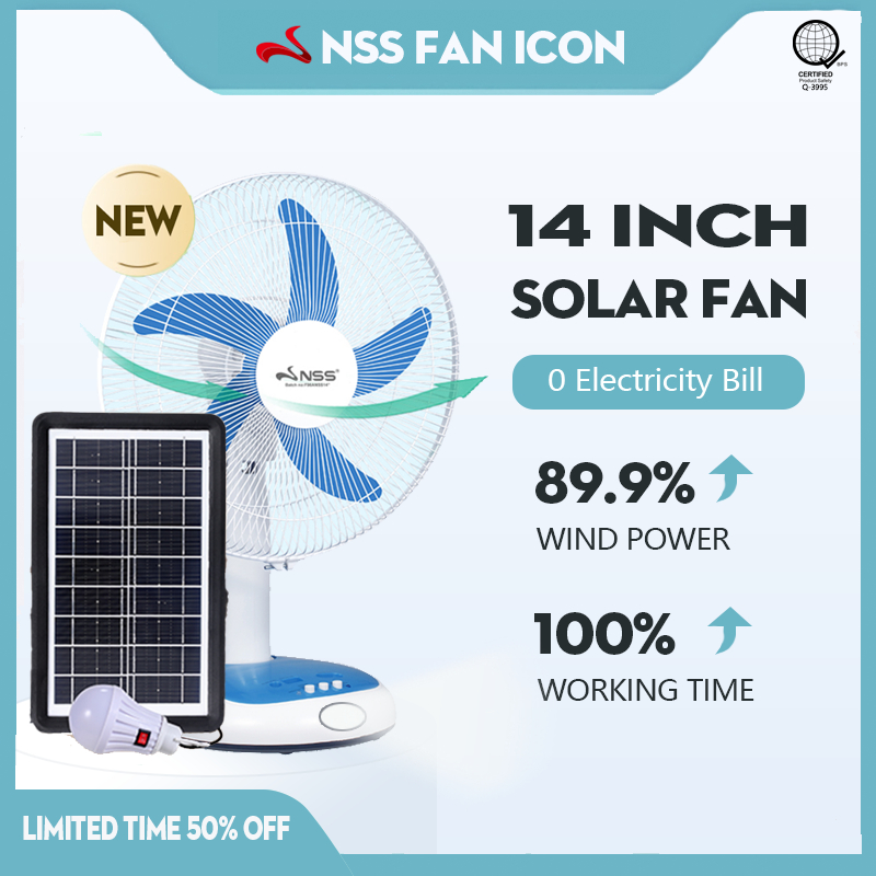 NSS 14 Inch Solar Electric Fan With Panel Desk Cooling Fan AC DC Power ...