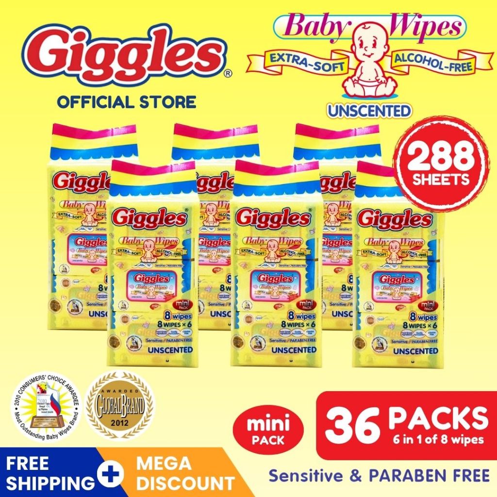 Giggles Baby Wipes 6-in-1 Unscented Mini Pack 8s (36 packs x 8 Wipes ...