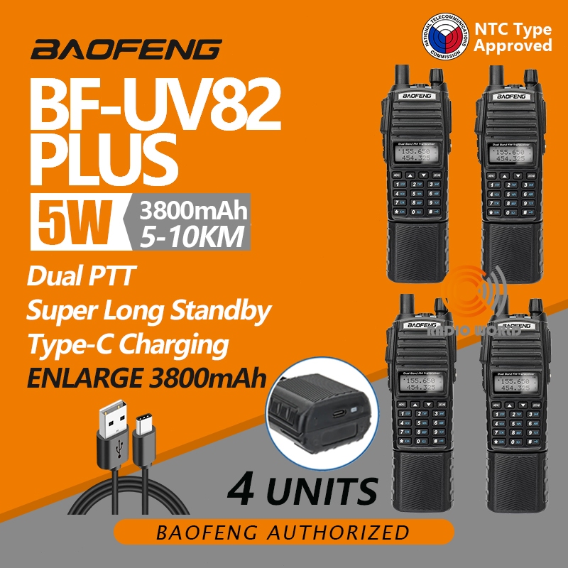 Baofeng UV82 Plus Type-C Walkie Talkie 4 Set Dual Band UHF/VHF Two Way Radio Extend 3800mAh ...