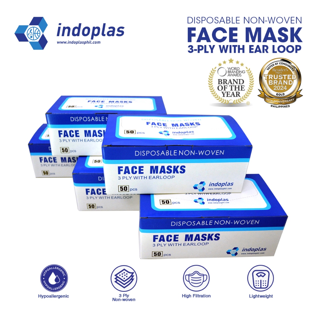 Indoplas Disposable Face Mask 3-Ply with Earloop 5 boxes (250 pcs ...