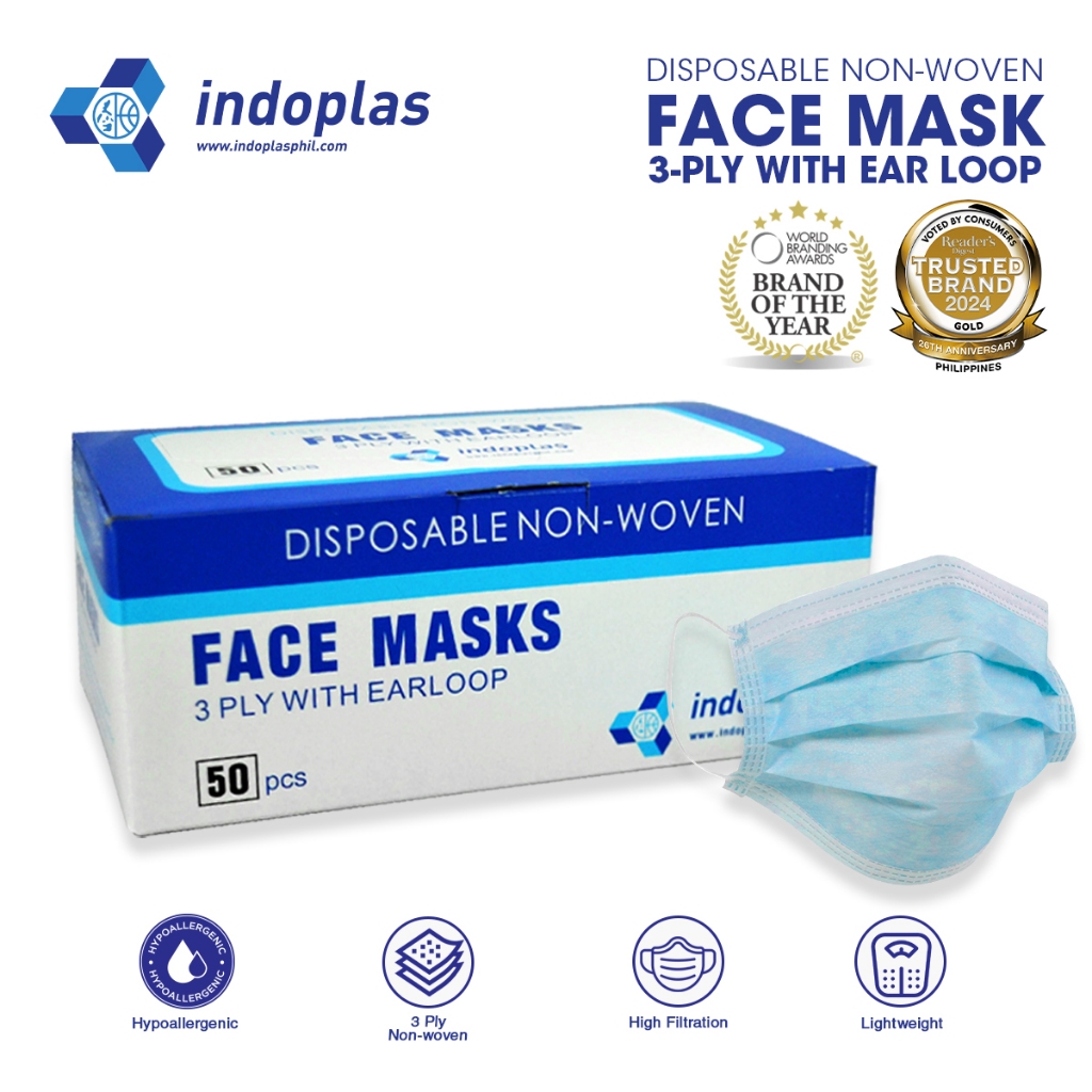 Indoplas Disposable Face Mask 3-Ply with Earloop 1 box (50 pcs ...