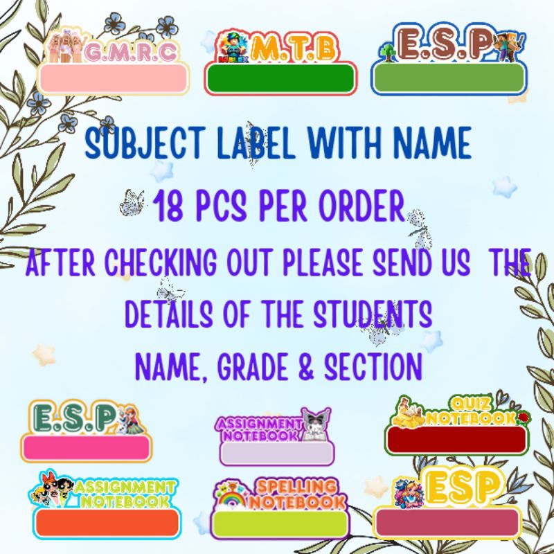 SUBJECT LABEL WITH NAMES (18 SUBJECTS) | Shopee Philippines