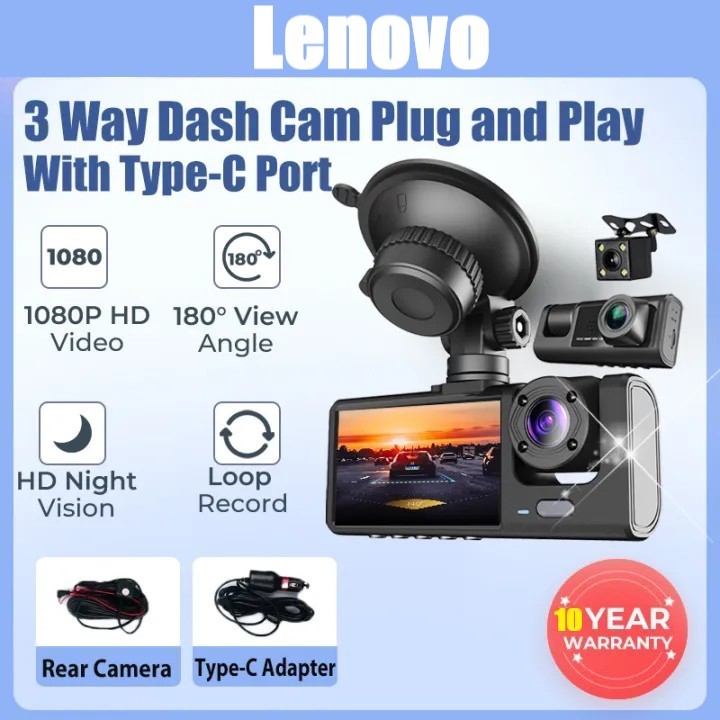 Lenovo Car Dash Cam For Car With Night Vision Three Lens Rearview ...