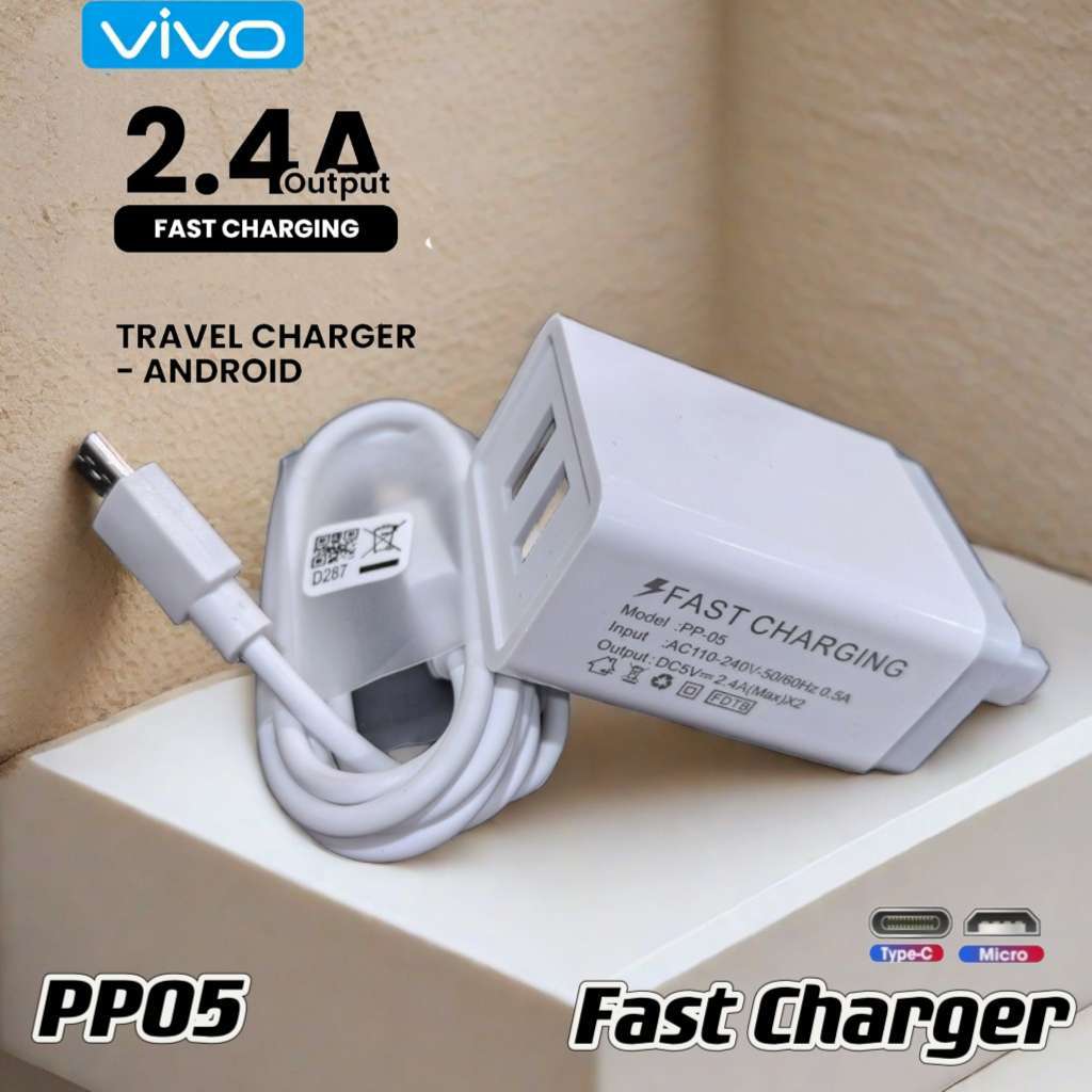 PP05 Vivo Fast Charger 2.4A Quick 2in1 Travel Fast Charging + USB Cable For Android Micro Type c ...