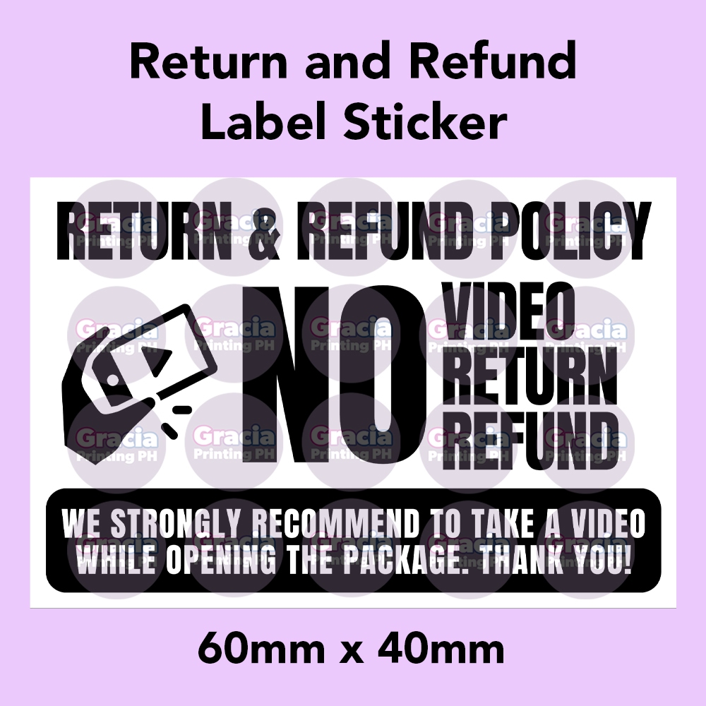 No Video No Refund Thermal Label Stickers 60mmx40mm | 50 or 100pcs ...