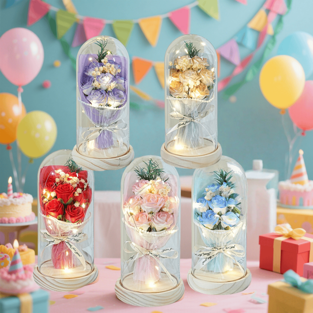 Artificial Rose Flower Glass Cover Dome Eternal Flower Bouquet LED ...